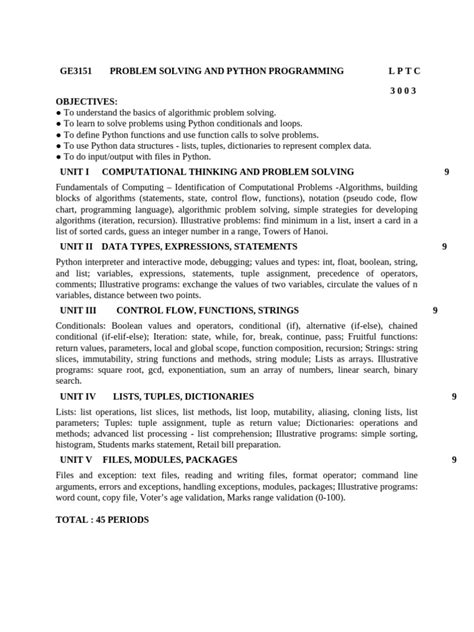 GE3151 Python syllabus(R 2021) | PDF | Mathematical Logic | Applied ...