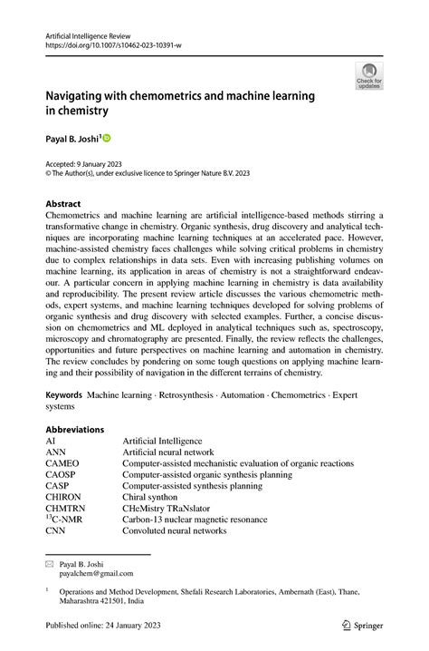Review Machine Learning Chemometrics Vol 0123456789 Artificial