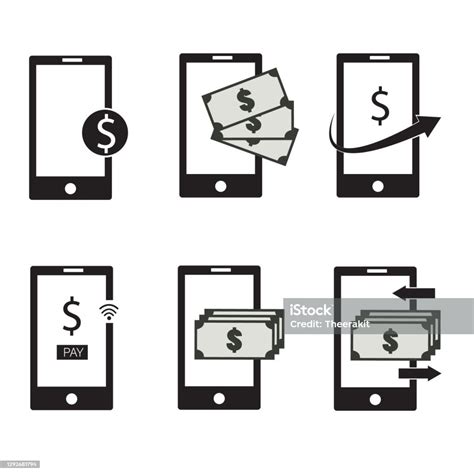 흰색 배경에 설정 된 모바일 머니 아이콘 스마트 폰과 달러 기호 금융 모바일 결제 및 송금 기호 플랫 스타일 개념에 대한 스톡 벡터 아트 및 기타 이미지 Istock