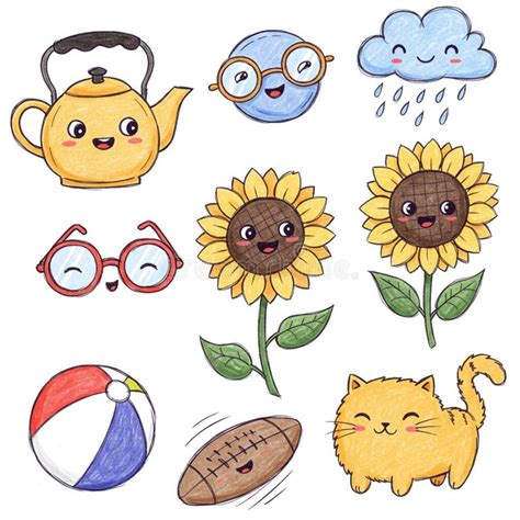 Cute Animated Objects And Characters With Smiling Faces A Yellow
