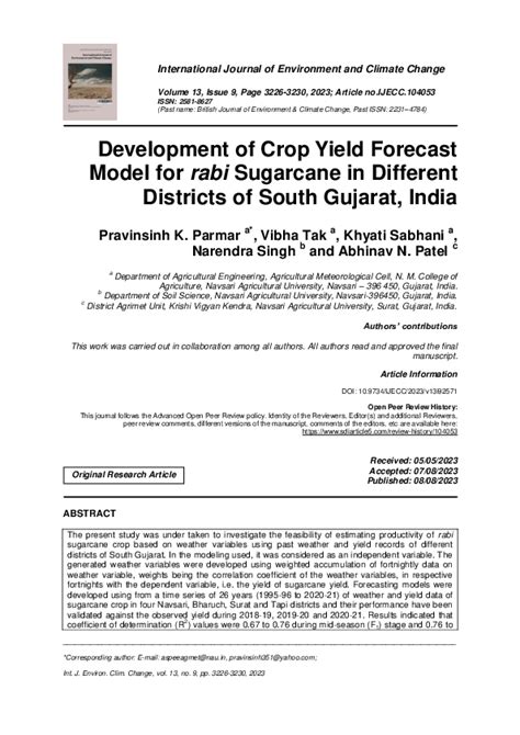 Pdf Development Of Crop Yield Forecast Model For Rabi Sugarcane In Different Districts Of