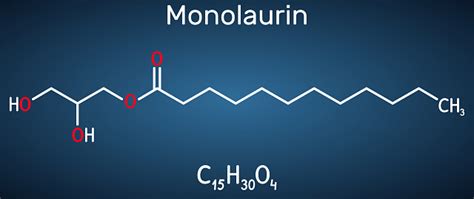모노라우린 글리세롤 모노라우레이트 글리세릴 라우레이트 분자 화장품계면활성제로 사용되는 일당화및 도데카노이트입니다 짙은 파란색 배경의 구조적 화학 포뮬러 0명에 대한 스톡