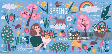 꽃 무늬입니다 봄 꽃 식물 귀엽고 단순한 튤립 잎 부활절 정원 여름 자연 꽃다발 귀여운 아름 다운 여자가 꽃을 들고 있습니다 만화 고립 된 그림입니다 벡터 추상 클립아트