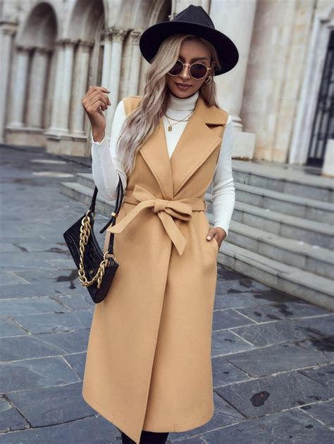 Solid Belted Lapel Neck Overcoat Coat Outfits Nice Dresses