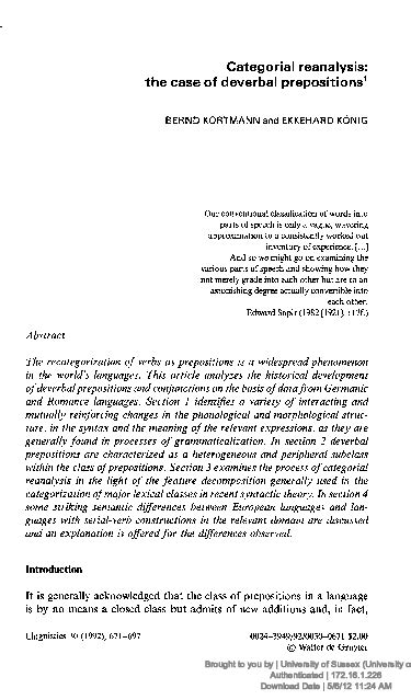 Pdf Categorial Reanalysis The Case Of Deverbal Prepositions