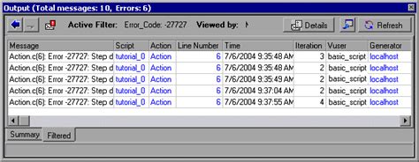 loadrunner load test log information and error messages