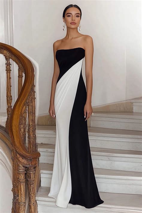 Zapaka Women Strapless Formal Dress Sheath Black And White Long Evening