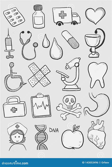 Hand Draw Isolated Medical And Healthcare Sketch Set Stock Vector