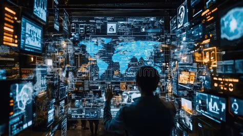 Man Interacting With Futuristic Digital World Map Interface Stock Image Image Of Technology