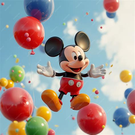 Mickey Mouse Flying In The Sky With Balloons In The Background