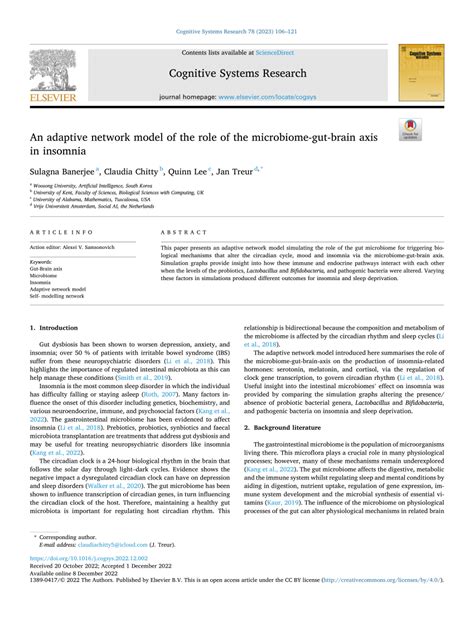 Pdf An Adaptive Network Model Of The Role Of The Microbiome Gut Brain Axis In Insomnia
