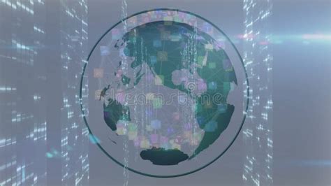 On Start Digital Globe Rotating While Streams Cascading And Nodes