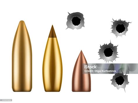 총알과 총알 구멍 금속 벽에 원 구멍 총 질감과 무기의 구경을 닫고 권총 총기 를 촬영 3d 총 탄약 요소 벡터 격리 세트 3차원 형태에 대한 스톡 벡터 아트 및 기타