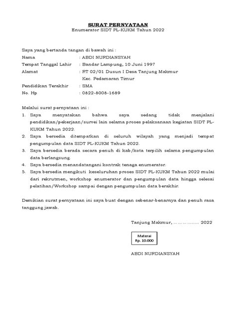 Form Surat Pernyataan Enumerator Pdf