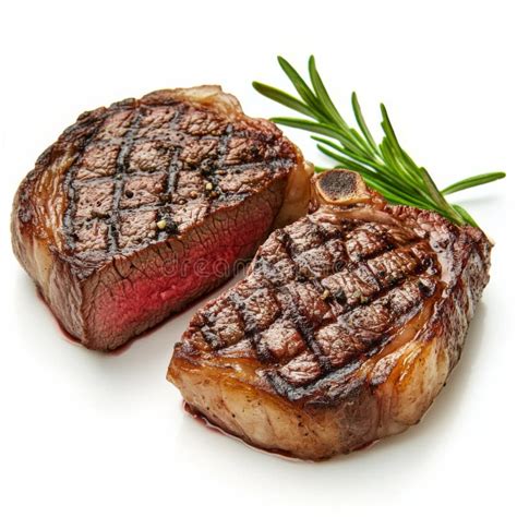 Grilled Ribeye Steaks With Rosemary Garnish On White Background Stock Image Image Of Plate