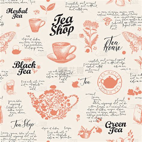 以茶为主题的手绘无缝图案