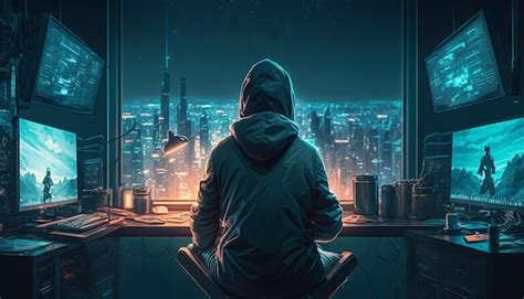Premium Photo Hooded Hacker Sitting In Front Of Computer Screens