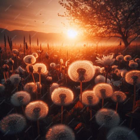 Premium Vector Dandelion Flower In A Flower Field At Dusk