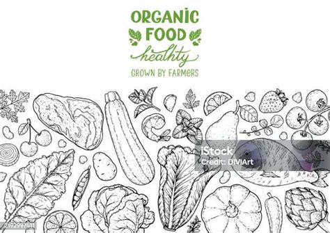 유기농 식품 세트 건강 식품 프레임 벡터 일러스트 레이 션 야채 과일 고기 스케치 손으로 그린 벡터 일러스트 레이 션 개념에 대한 스톡 벡터 아트 및 기타 이미지 Istock