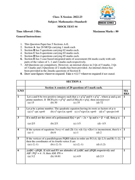 10th Math Mock Test 04 Pdf Triangle Geometry