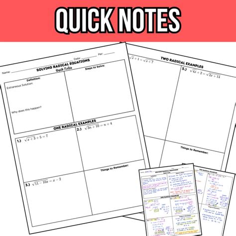 Solving Square Root Radical Equations Guided Notes And Practice Worksheet