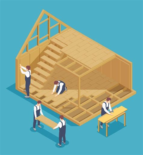 Free Vector Modular Frame Building Isometric Composition With Characters Of Workers And View