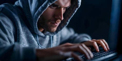 Person In Hoodie Typing On Computer In Dark Room Symbolizing Cyber Threat Concept Cybersecurity