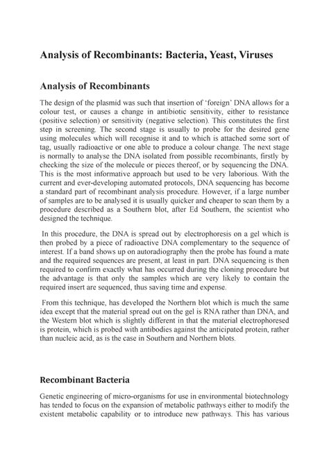 Analysis Of Recombinants Bacteria Yeast Viruses Analysis Of