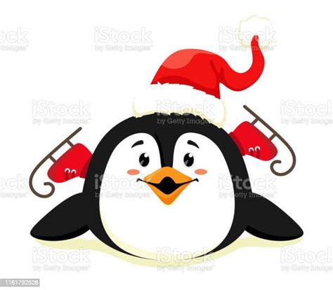 빨간 산타 모자를 쓰고 스케이트를 탄 명랑한 펭귄이 뱃속을 타고 있습니다 흰색 배경에 벡터 그림입니다 스케이트 스포츠에 대한 스톡 벡터 아트 및 기타 이미지 Istock