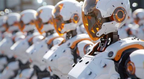 Group Of Artificial Intelligence Robots Group Of Cyborgs In Factory Stock Image Image Of