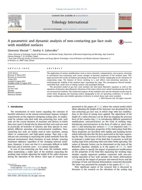 Blasiak 2016 A Parametric And Dynamic Analysis Of Non Contacting Gas