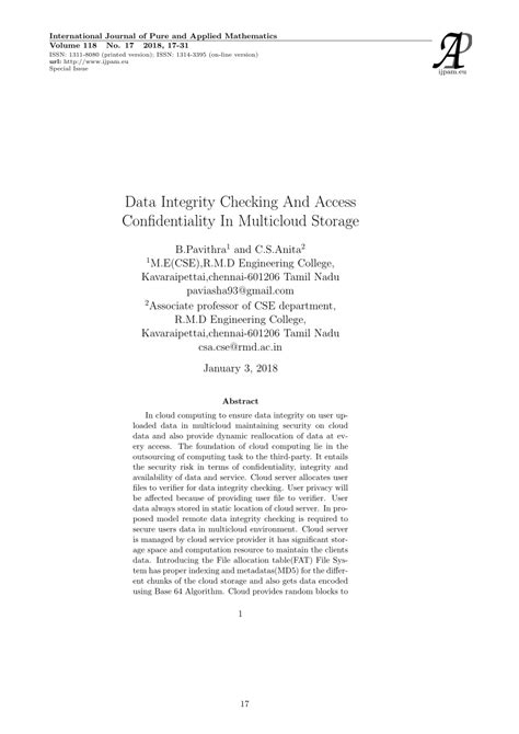 Pdf Data Integrity Checking And Access Confidentiality In Multicloud Storage