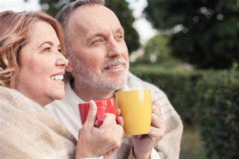 Cute Old Loving Couple In Enjoying Hot Drink Stock Image Image Of