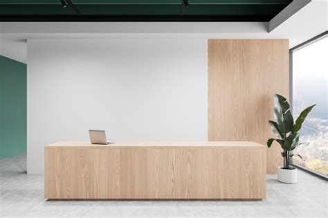 밝은 인테리어에 노트북과 식물이 있는 현대적인 리셉션 데스크 3d 렌더링 0명에 대한 스톡 사진 및 기타 이미지 0명 3차원 형태 가구 Istock