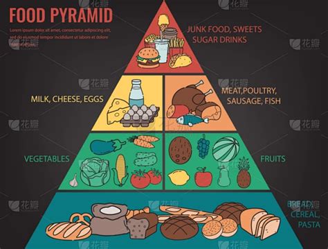 信息图表 健康食物 食物金字塔 蔬菜 有机食品 肉 面包 食品 膳食素材 花瓣网