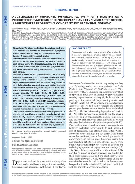 (PDF) Accelerometer-measured physical activity at 3 months as a predictor of symptoms of ...