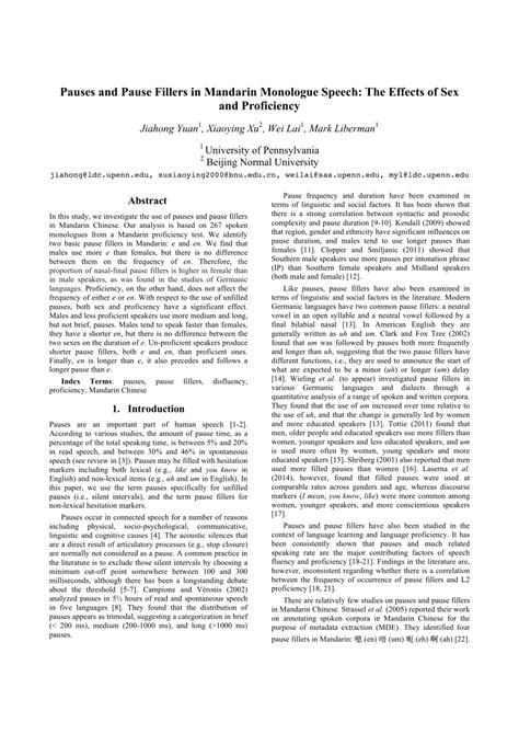 Pdf Pauses And Pause Fillers In Mandarin Monologue Speech The Effects Of Sex And Proficiency
