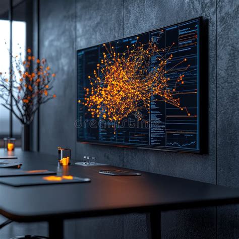 A Modern Workspace Featuring A Digital Display With Data Visualization Sleek Furniture And