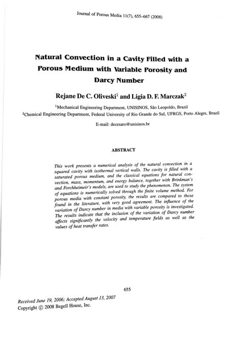 Pdf Natural Convection In A Cavity Filled With A Porous Medium With