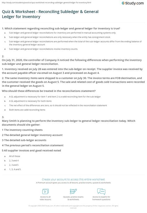 Quiz And Worksheet Reconciling Subledger And General Ledger For Inventory