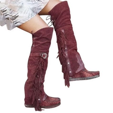Модные сапоги до колена в богемном стиле женская обувь с бахромой в этническом стиле высокие