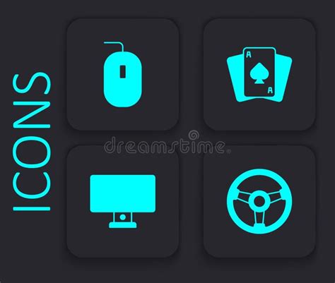 Set Racing Simulator Computer Mouse Playing Cards And Monitor Icon Black Square Button