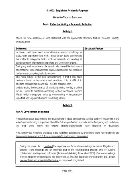 Week 8 Tutorial Exercises Academic Reflection 4 English For Academic Purposes Week 8