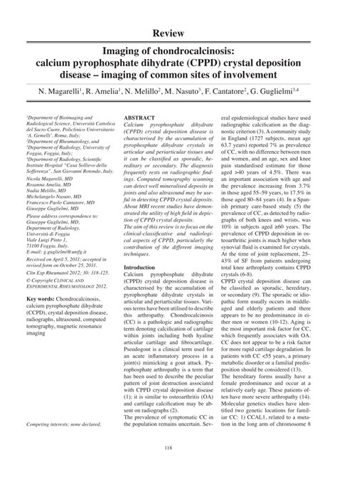 Pdf Imaging Of Chondrocalcinosis Calcium Pyrophosphate Dihydrate Cppd Crystal Deposition