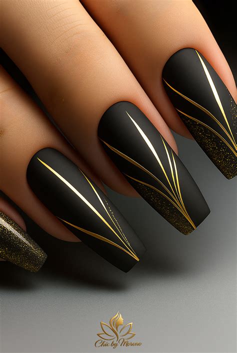 Black And Gold Matte Nails Uñas Negras Con Dorado Mate In 2025 Black