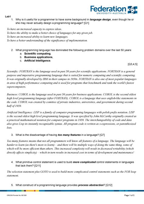 Lab 01 Characteristics Of Programming Languages Answers Lab 1