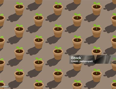 원예 식물 모종 또는 새싹 냄비 3d 등각 이음새 없는 패턴 보존 환경 개념 포스터 및 배너 디자인 삽화 복사 공간 베이지 색 배경에 격리 벡터 Eps 0명에 대한 스톡