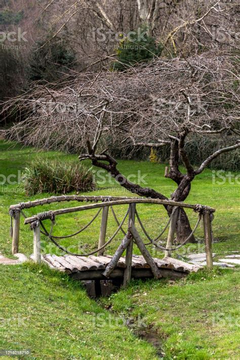 Handmade Wooden Arched Old Small Bridge On Grass In Ataturk Arboretum
