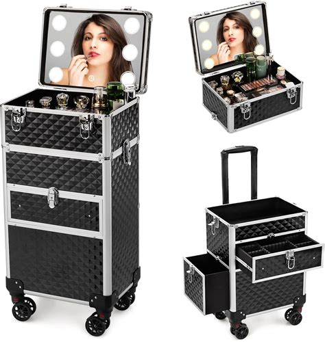 Karl Home Rolling Makeup Case With Led Lighted Mirror And 2