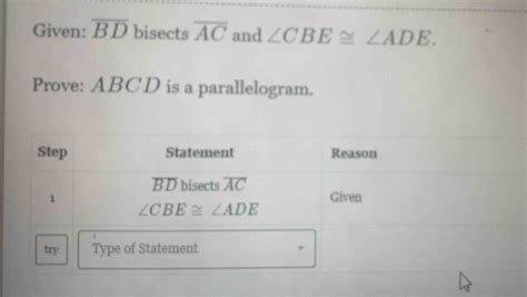 given overline bd bisects overline ac and ∠ cbe≌ ∠ ade prove abcd is